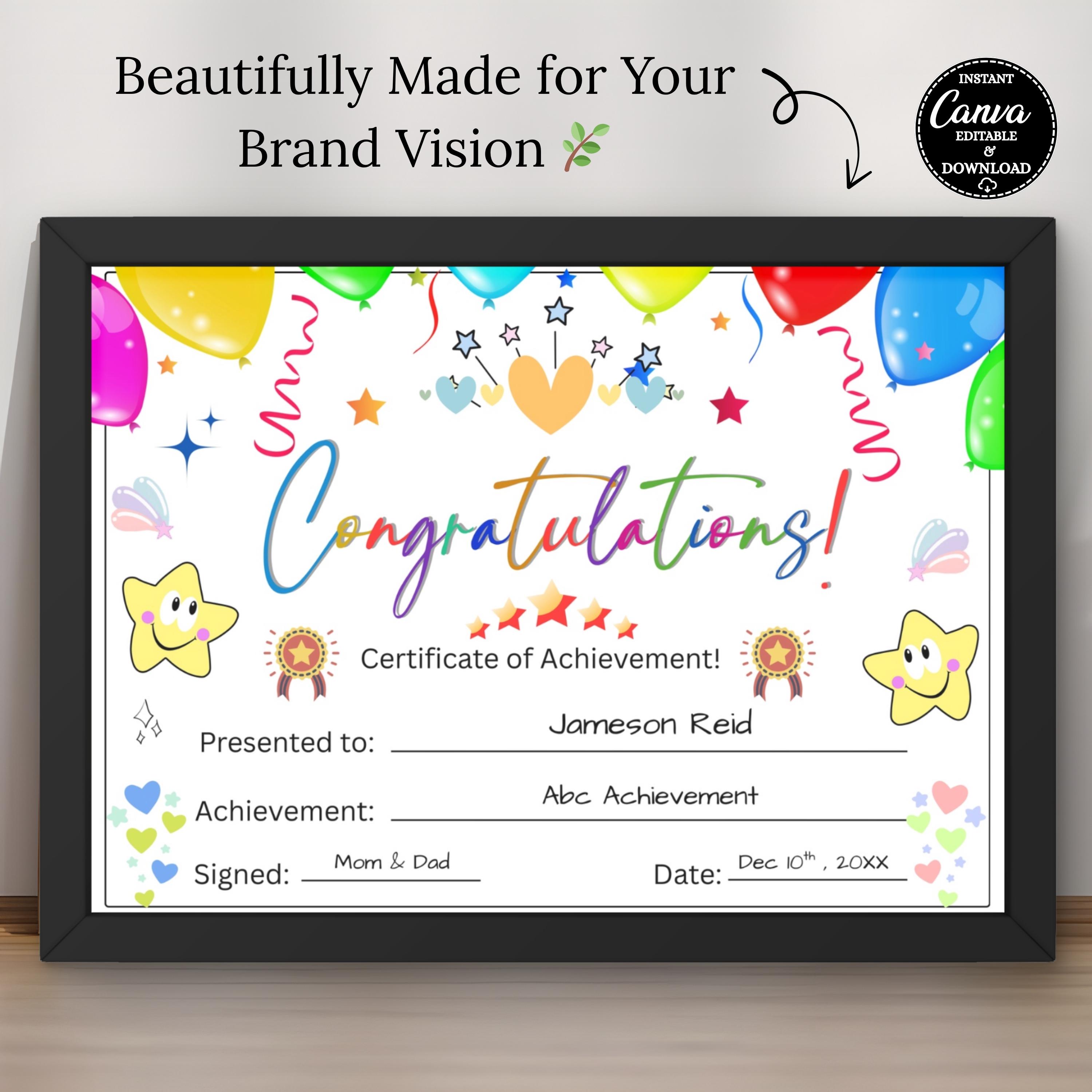 Editable Achievement Certificate Template – Printable Kids Award for ...
