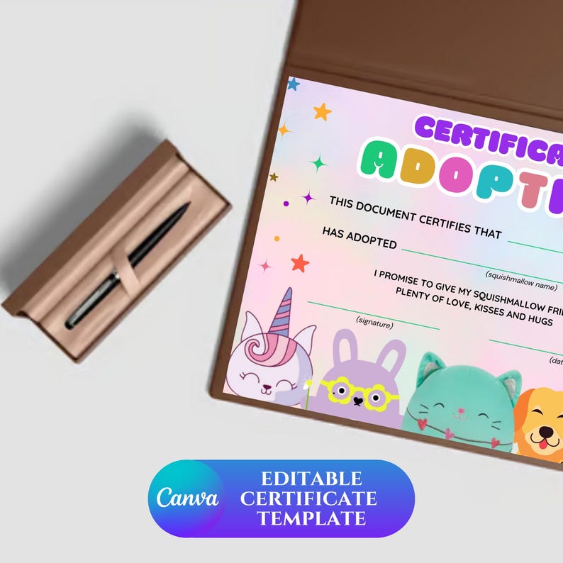 Editable Canva Adoption Certificate Template, Cute Squishmallow ...