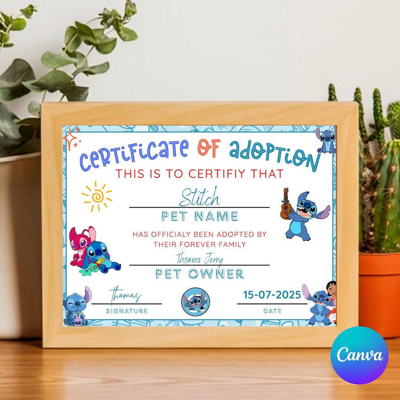 Stitch Adoption Certificate Template: Editable Kids Keepsake (digital ...