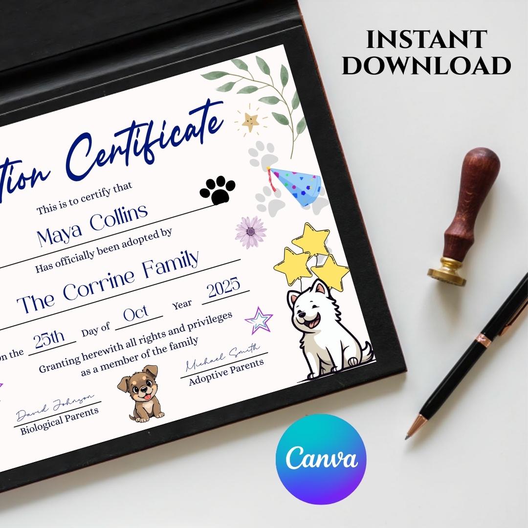 Editable Adoption Certificate Template: Printable Pet Keepsake, Adopt a ...