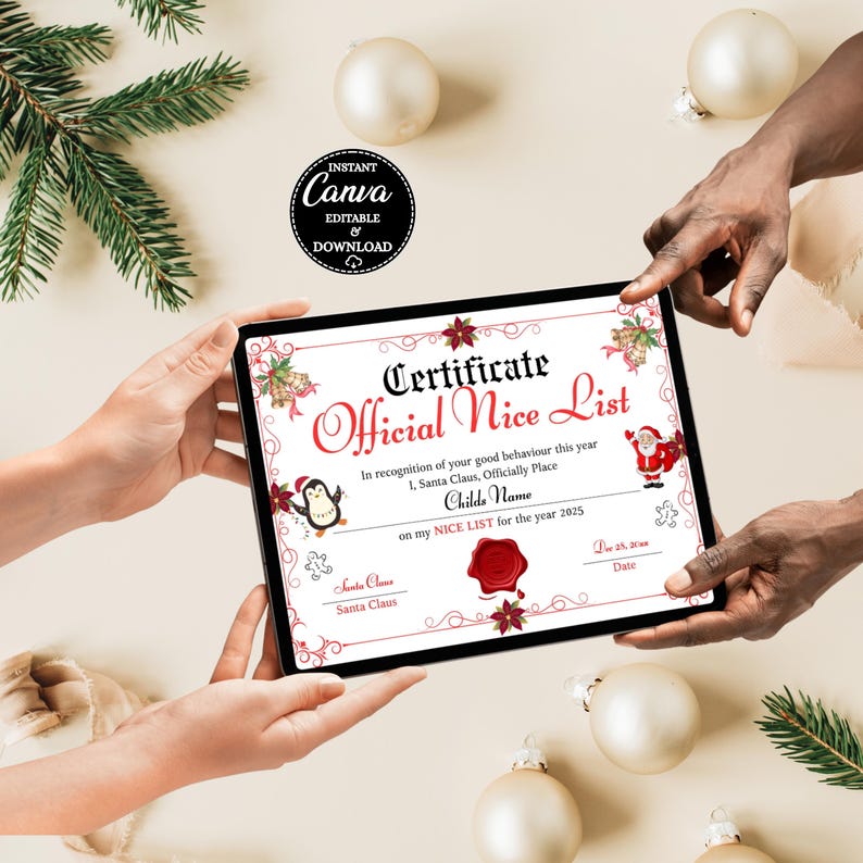 Editable Nice List Certificate Template, Santa Christmas Award ...