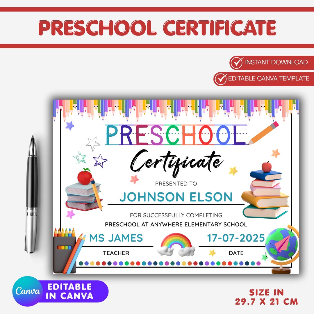 Editable Preschool Certificate: Printable Kindergarten Diploma (canva ...