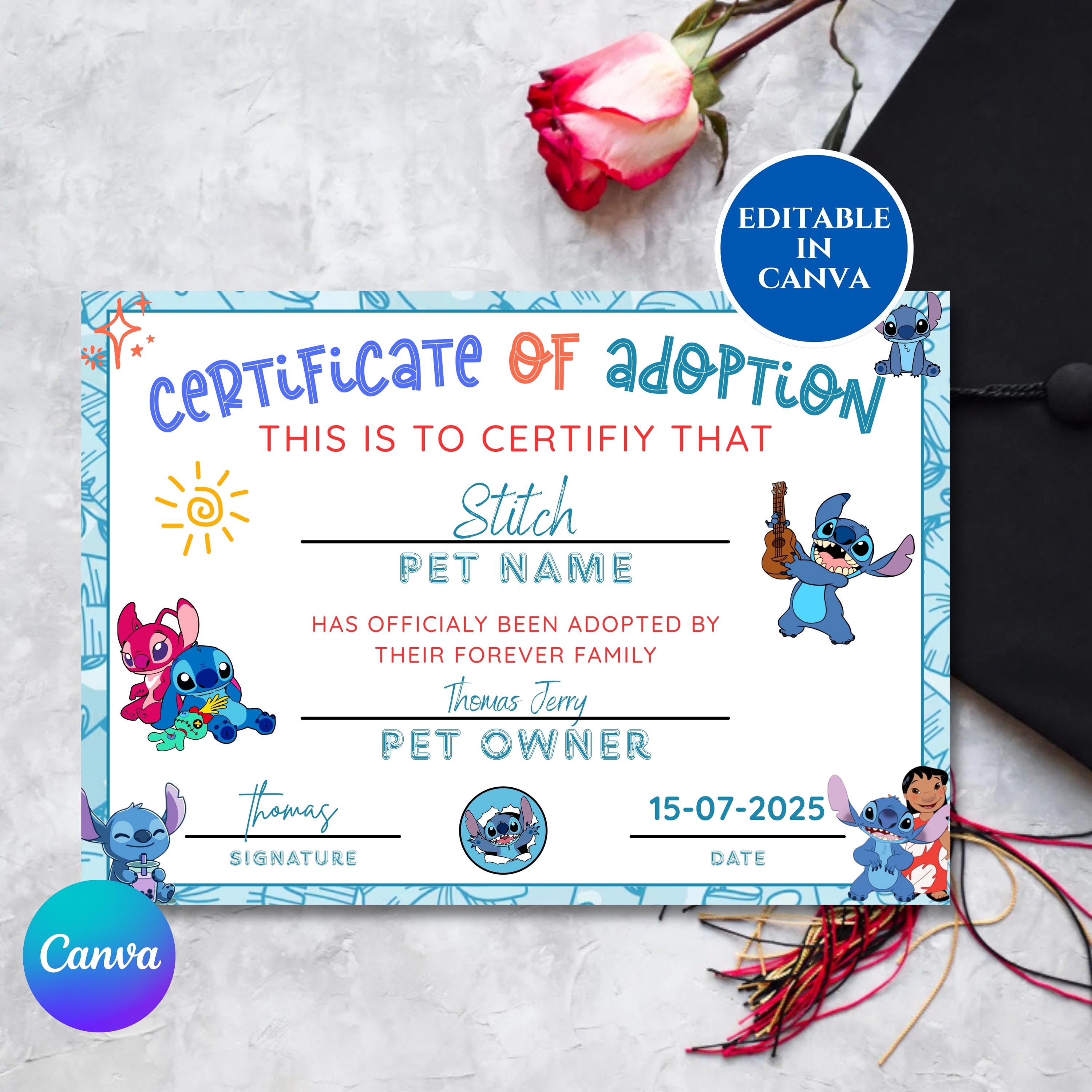 Stitch Adoption Certificate Template: Editable Kids Keepsake (digital ...