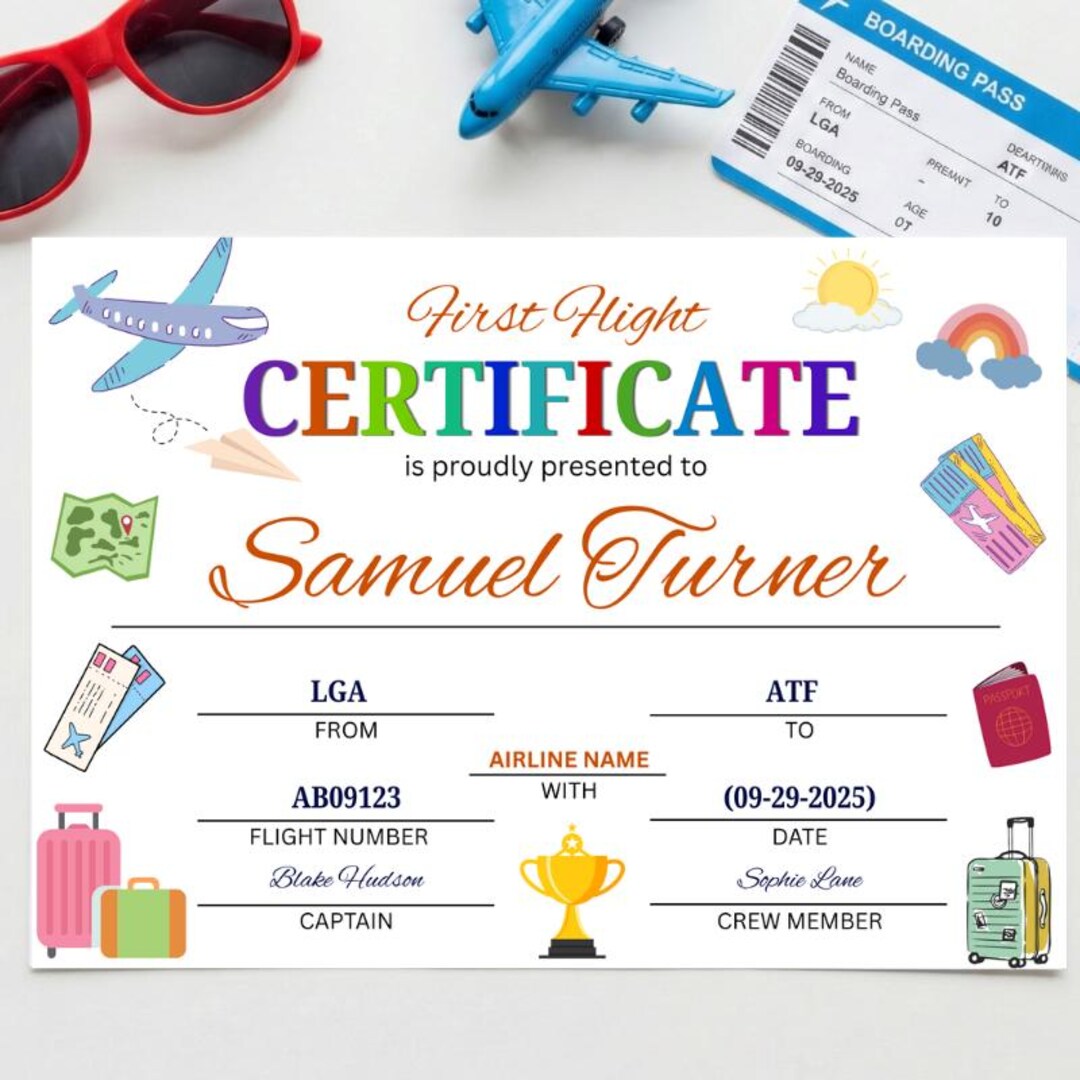First Flight Certificate Kids Travel Milestone Airplane Keepsake ...