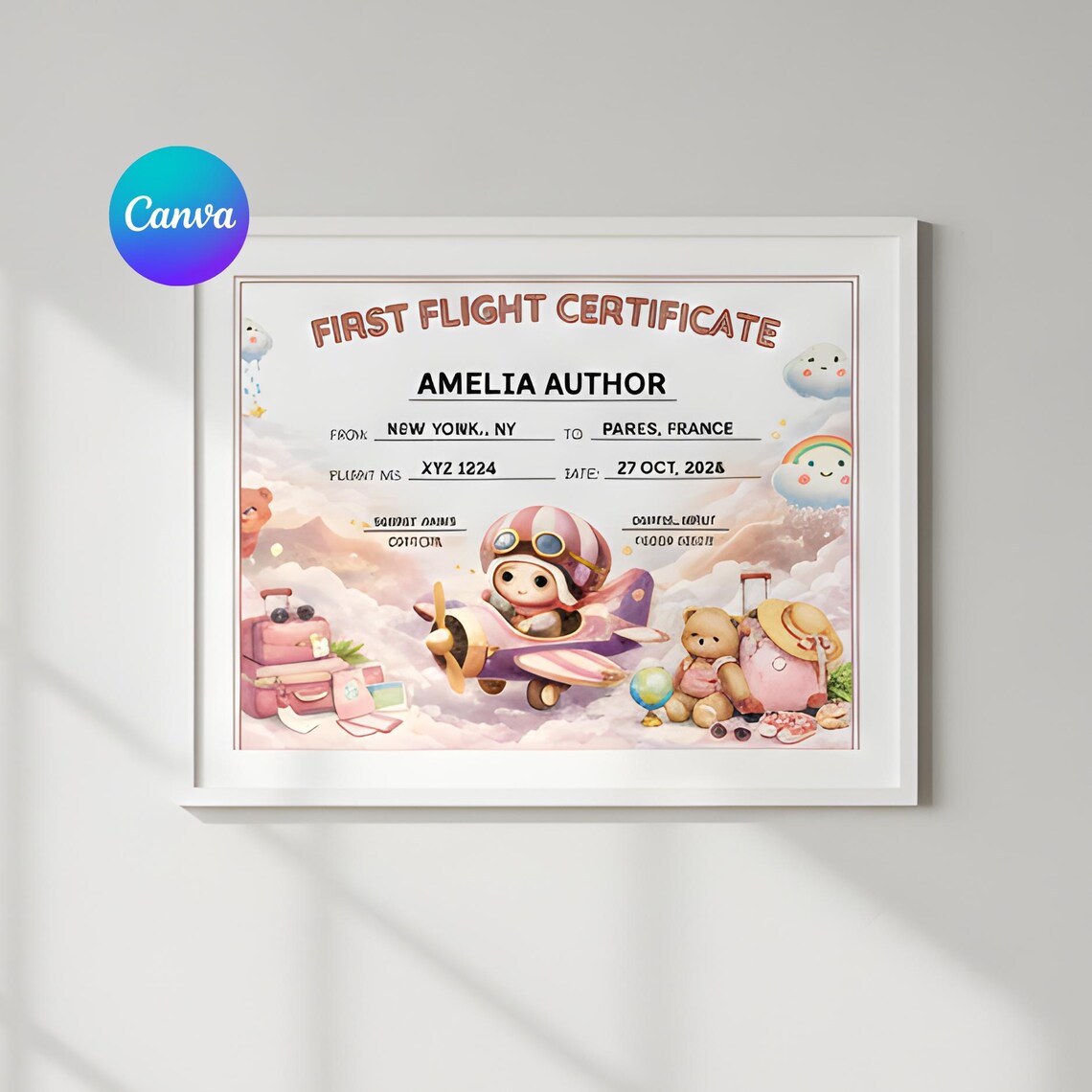Editable First Flight Certificate Template Canva, Baby Toddler Travel ...