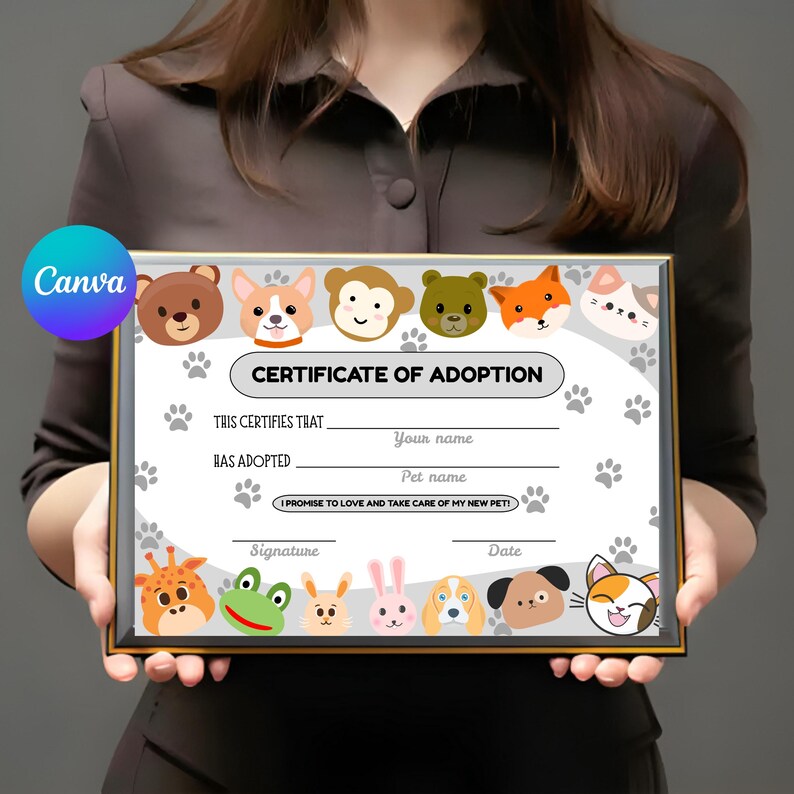 Editable Pet Adoption Certificate Template – Printable Dog & Cat ...