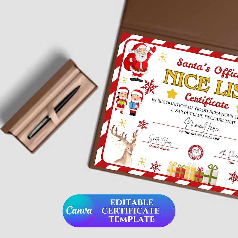 Editable Santa Nice List Certificate: Printable Christmas Award (canva ...