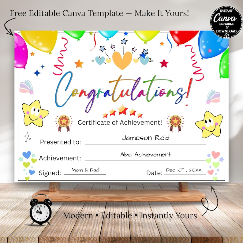 Editable Achievement Certificate Template – Printable Kids Award for ...