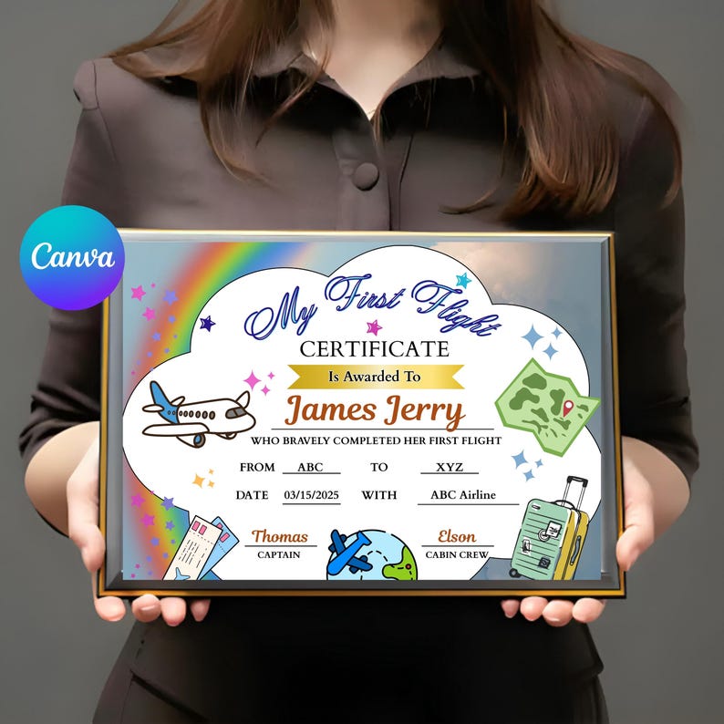 Editable First Flight Certificate Template: Kids Travel Keepsake (canva ...