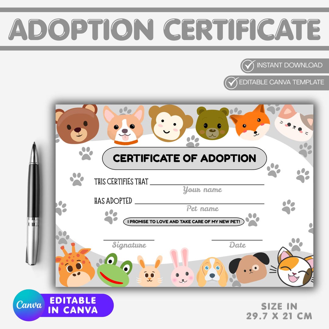 Editable Pet Adoption Certificate Template – Printable Dog & Cat ...