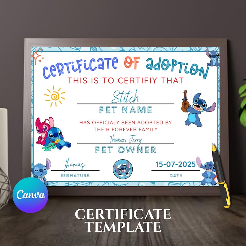 Stitch Adoption Certificate Template: Editable Kids Keepsake (digital ...