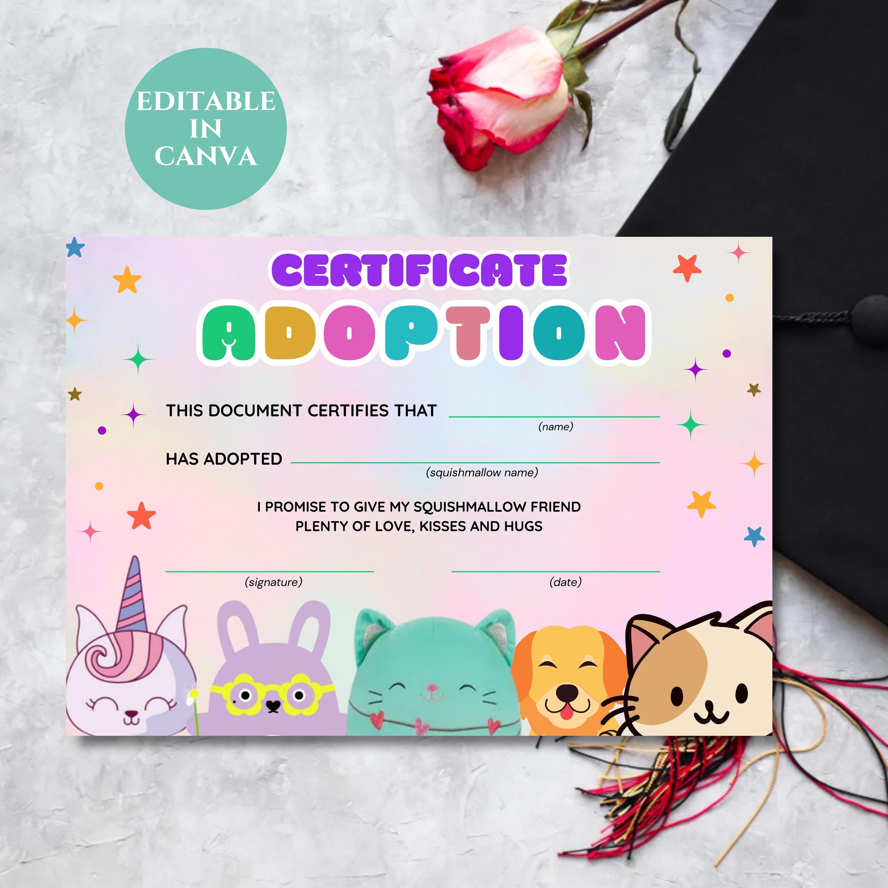 Editable Squishmallow Adoption Certificate Template: Printable Keepsake ...