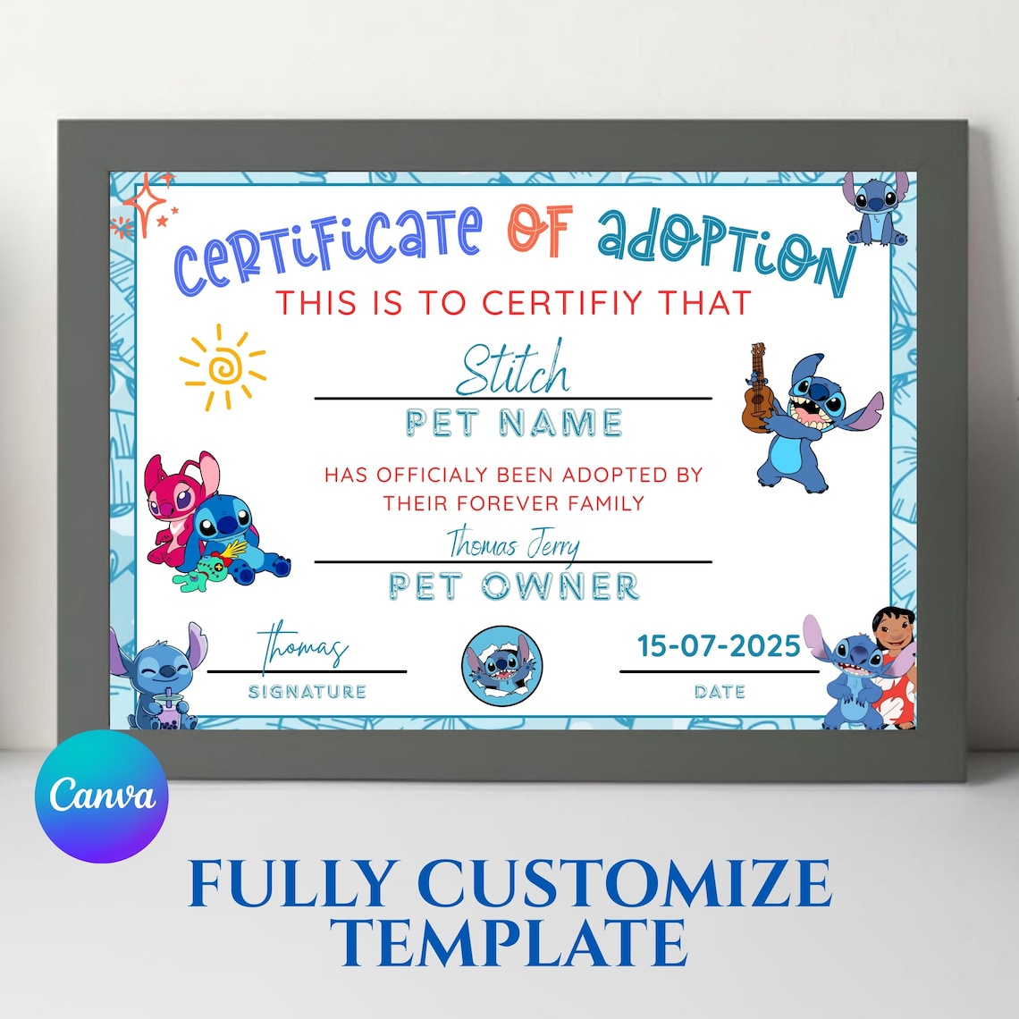 Stitch Adoption Certificate Template: Editable Kids Keepsake (digital ...