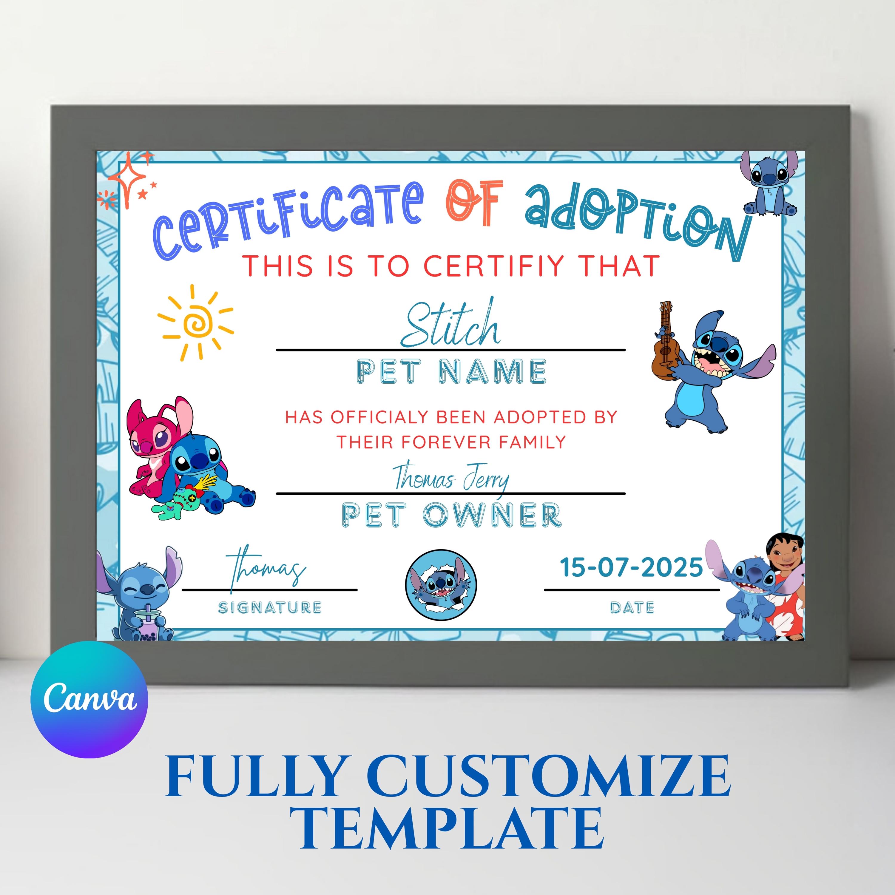 Stitch Adoption Certificate Template: Editable Kids Keepsake (digital ...