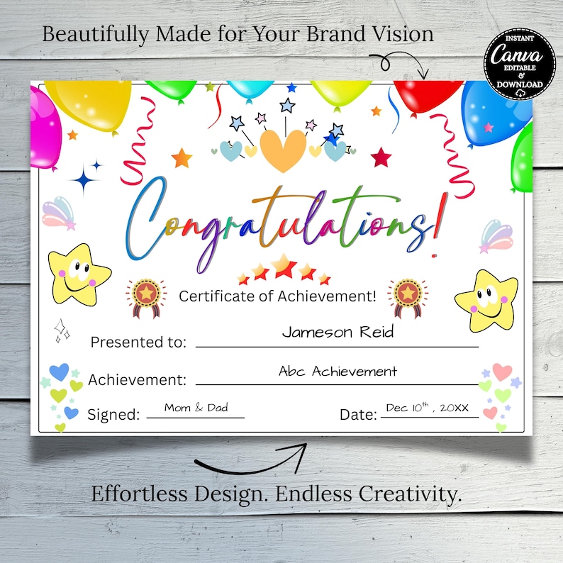 Editable Achievement Certificate Template – Printable Kids Award for ...