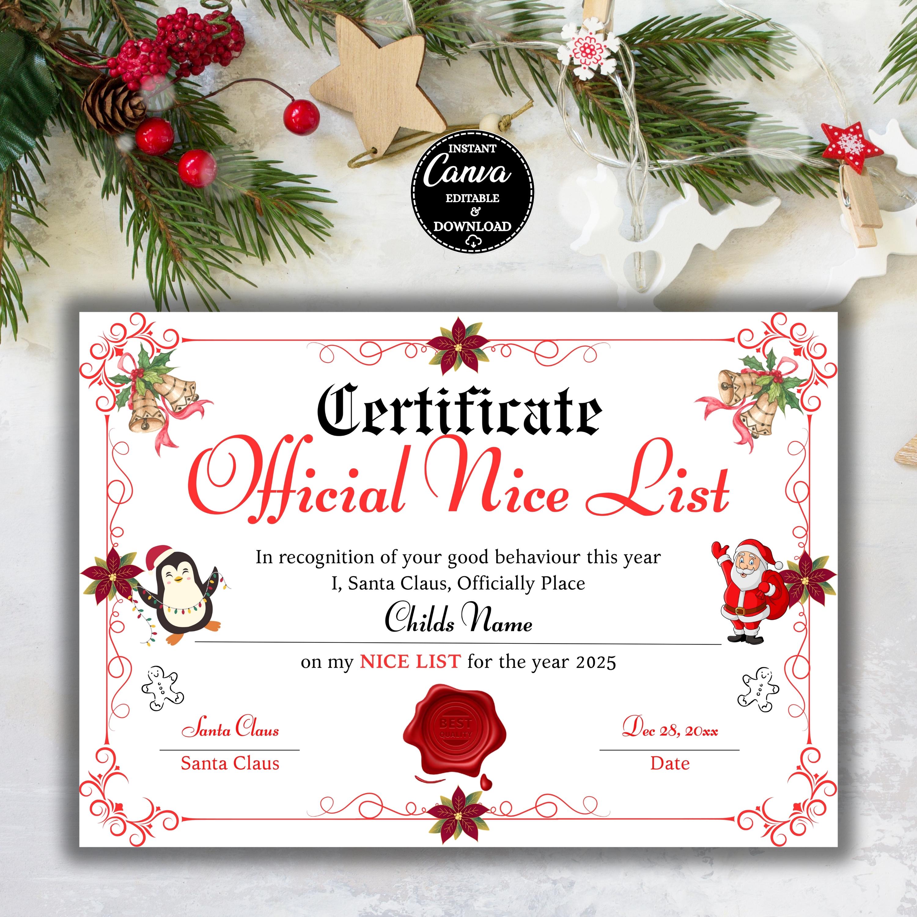 Editable Nice List Certificate Template, Santa Christmas Award ...