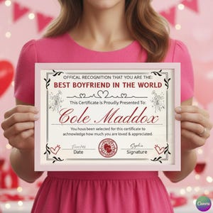 Editable Boyfriend Certificate Canva Template, Funny Award Gift for Him ...