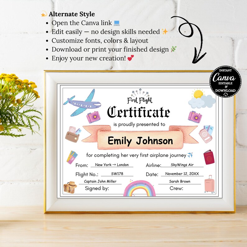 Editable First Flight Certificate Canva Template, Baby Travel Milestone ...