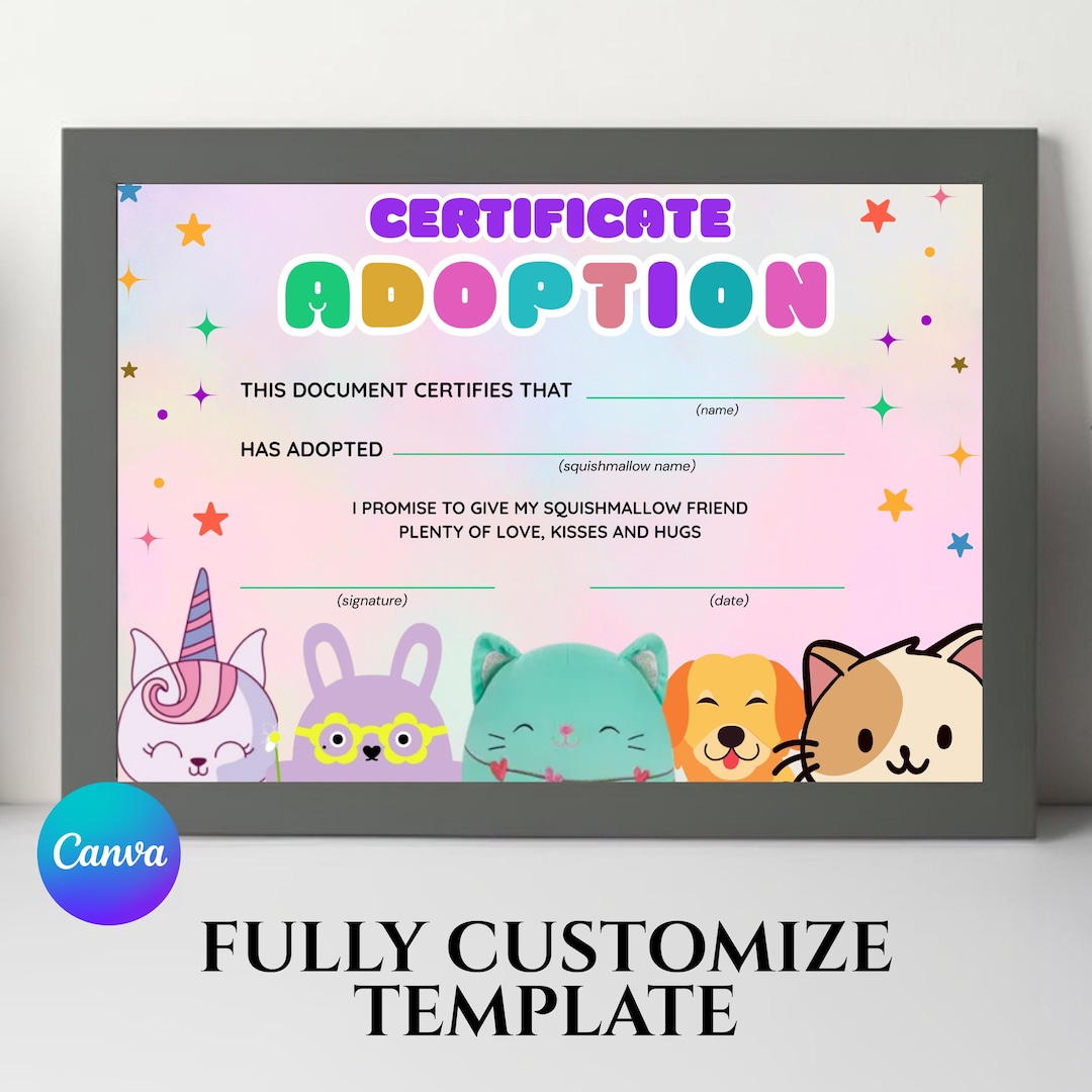 Editable Canva Adoption Certificate Template, Cute Squishmallow ...