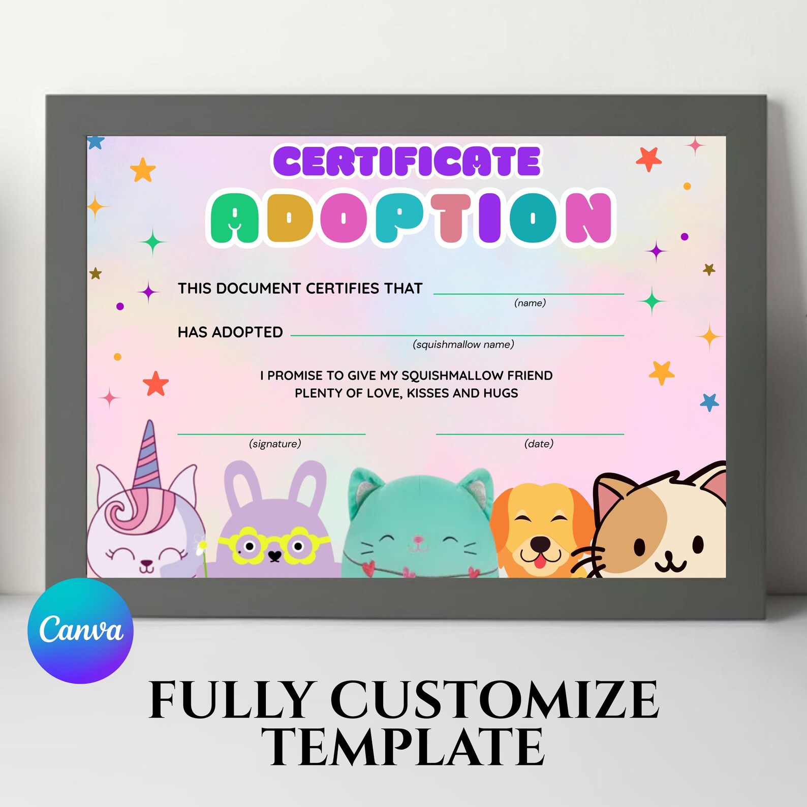 Editable Squishmallow Adoption Certificate Template: Printable Keepsake ...