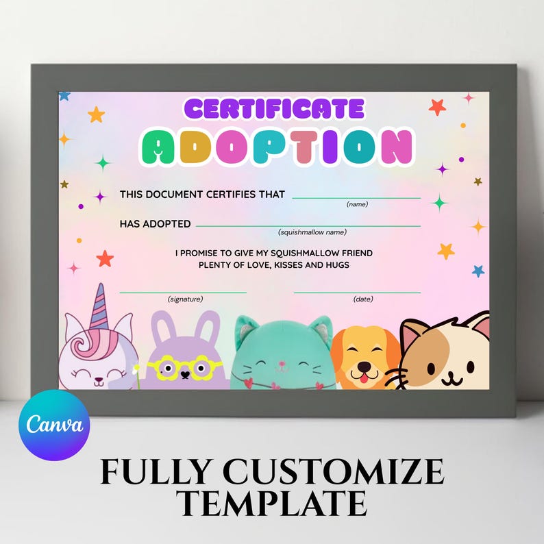 Editable Canva Adoption Certificate Template, Cute Squishmallow ...