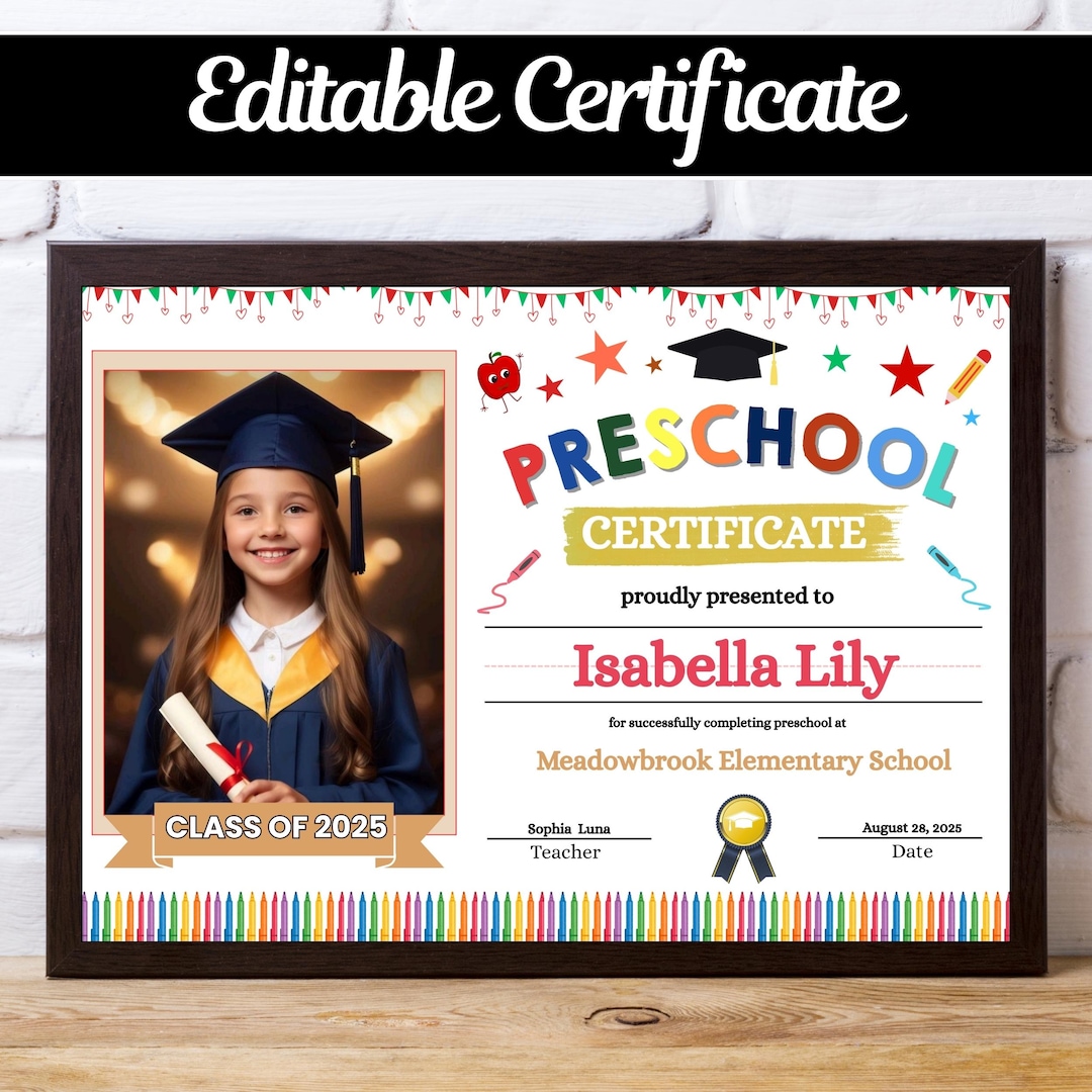 Editable Preschool Graduation Certificate Canva Template, Kids Diploma ...