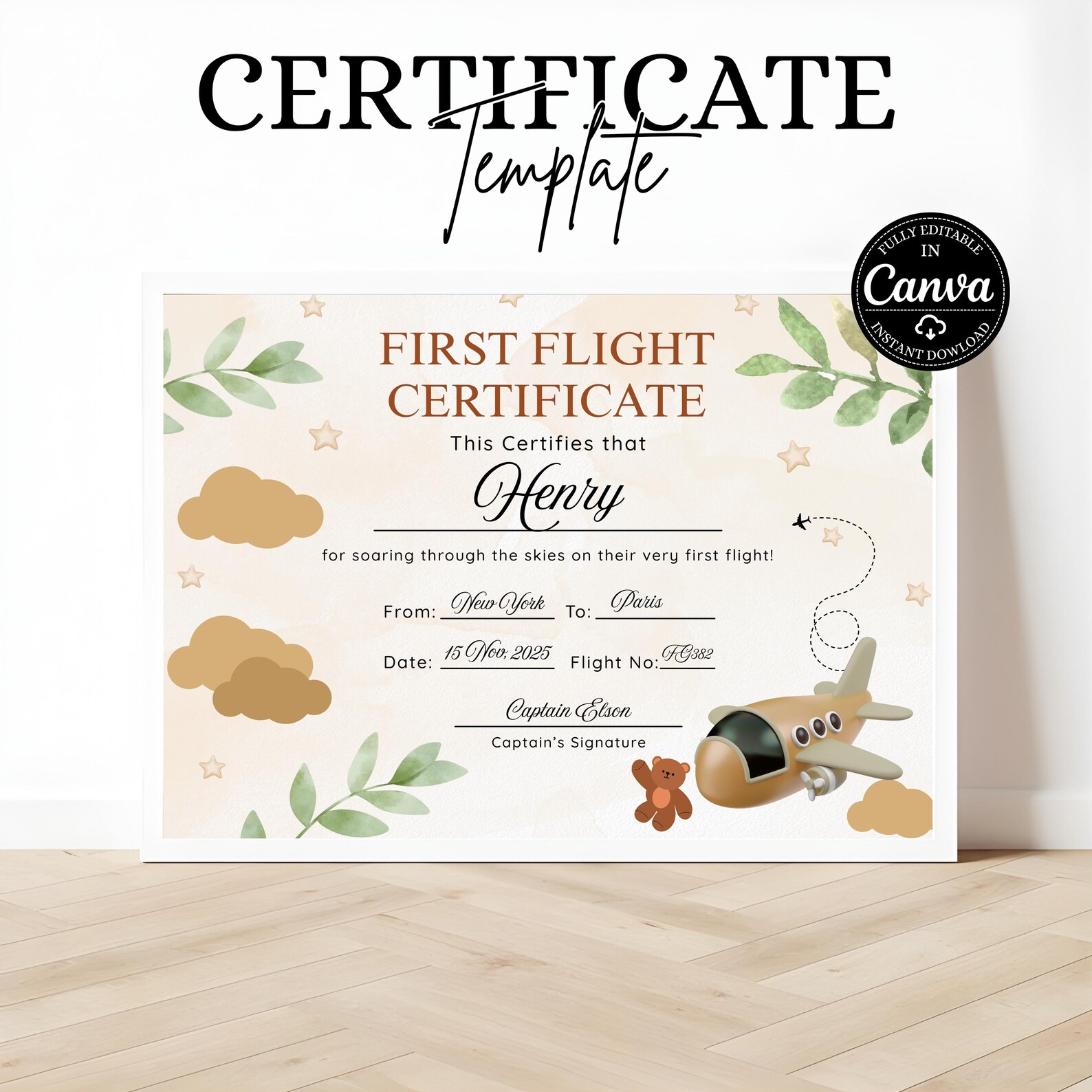 First Flight Certificate Template – Editable Kids Travel Milestone ...