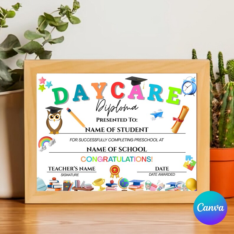 Editable Daycare Graduation Certificate Template: Printable Diploma ...