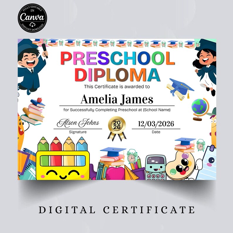 Preschool Graduation Certificate Template, Printable Kids Diploma Award ...