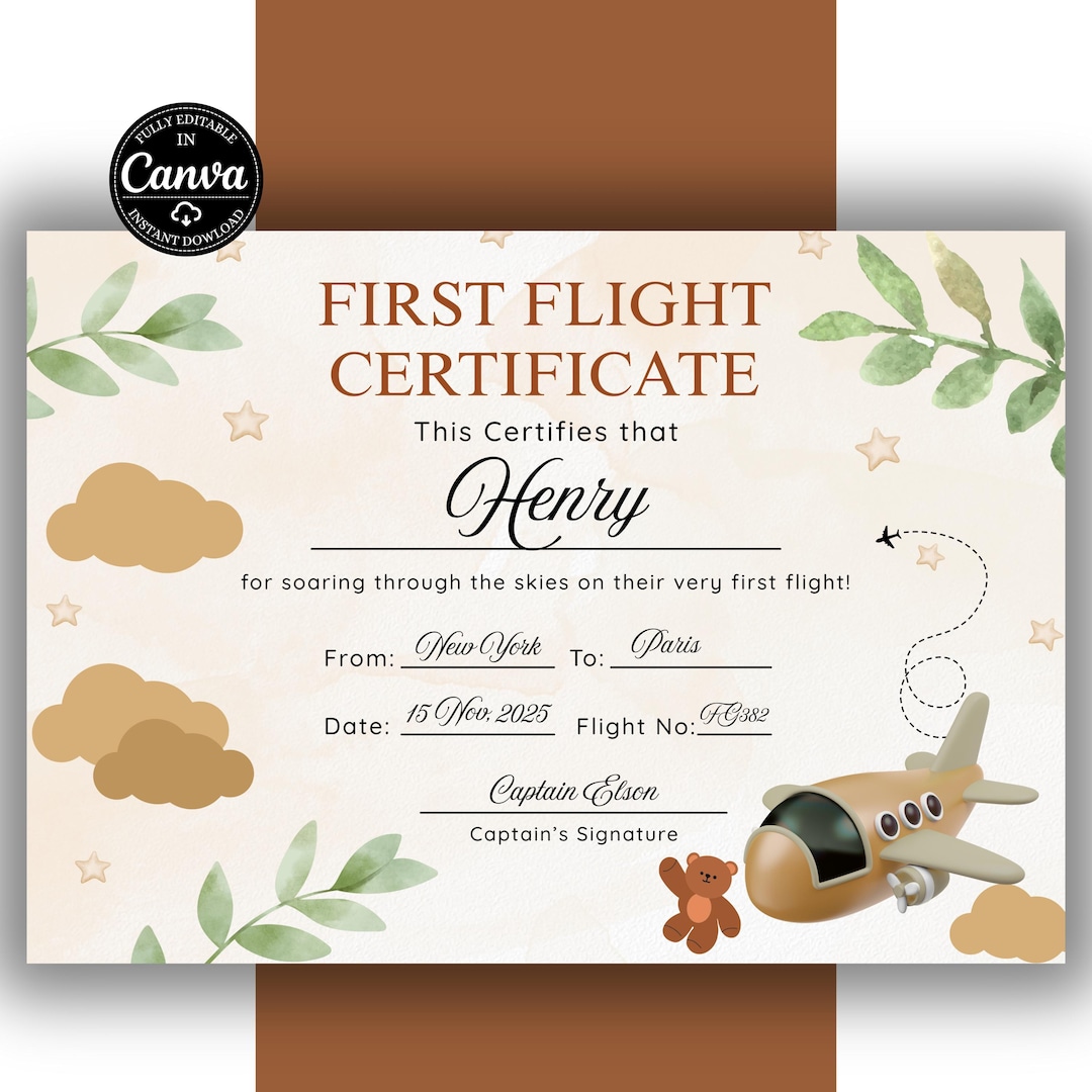 First Flight Certificate Template – Editable Kids Travel Milestone ...