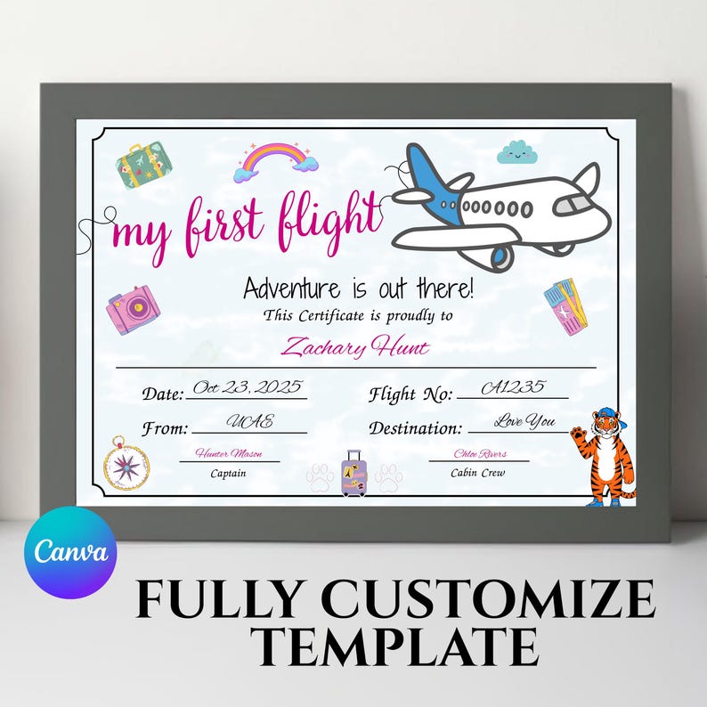 My First Flight Certificate Canva Template, Editable Airplane Travel ...