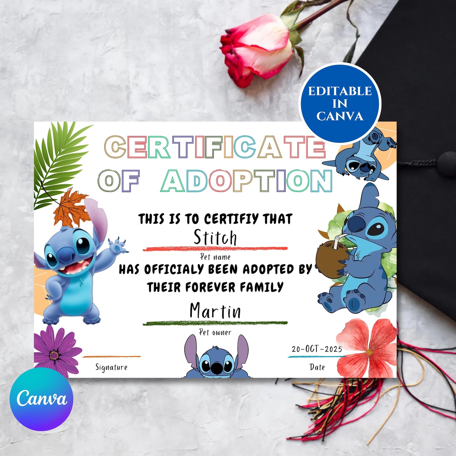 Editable Stitch Adoption Certificate: Minimalist Pet Keepsake ( Digital ...