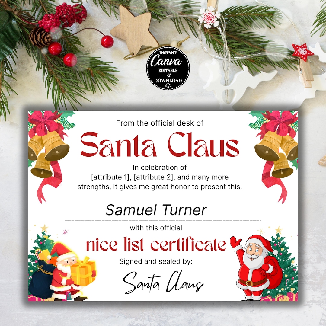 Editable Nice List Certificate Template: Santa Christmas Award ...