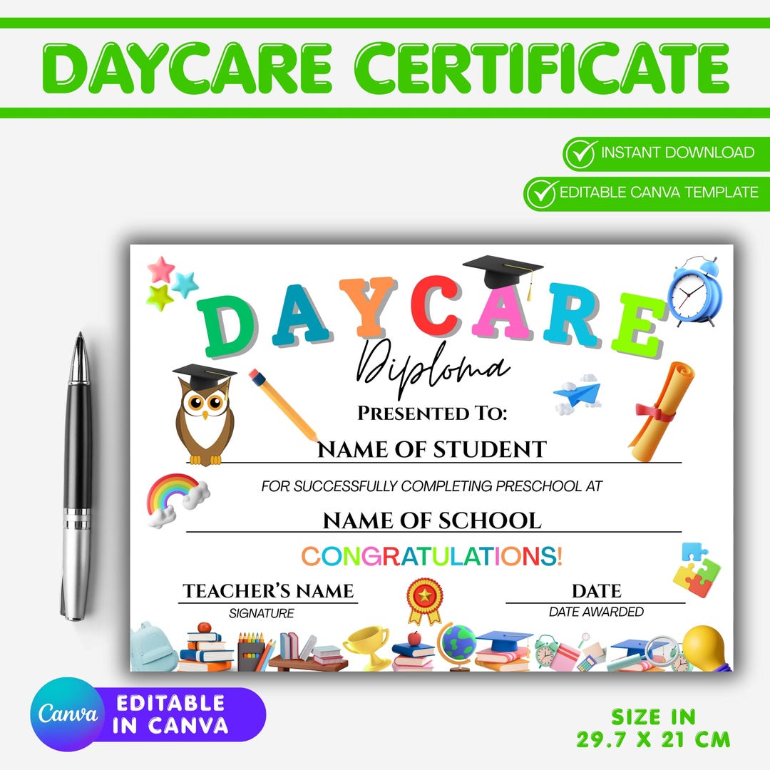 Editable Daycare Graduation Certificate Template: Printable Diploma ...