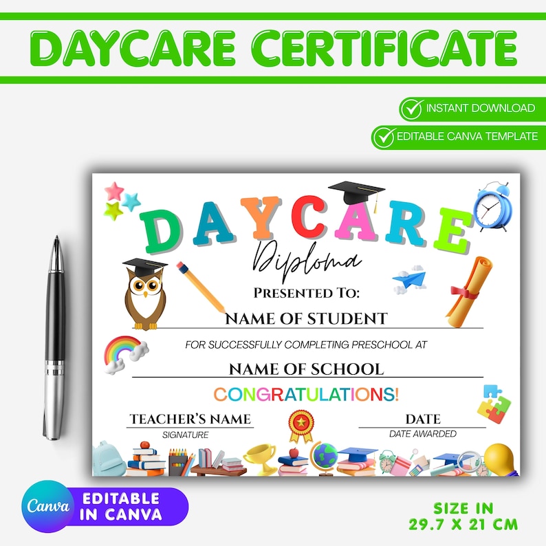 Editable Daycare Graduation Certificate Template: Printable Diploma ...
