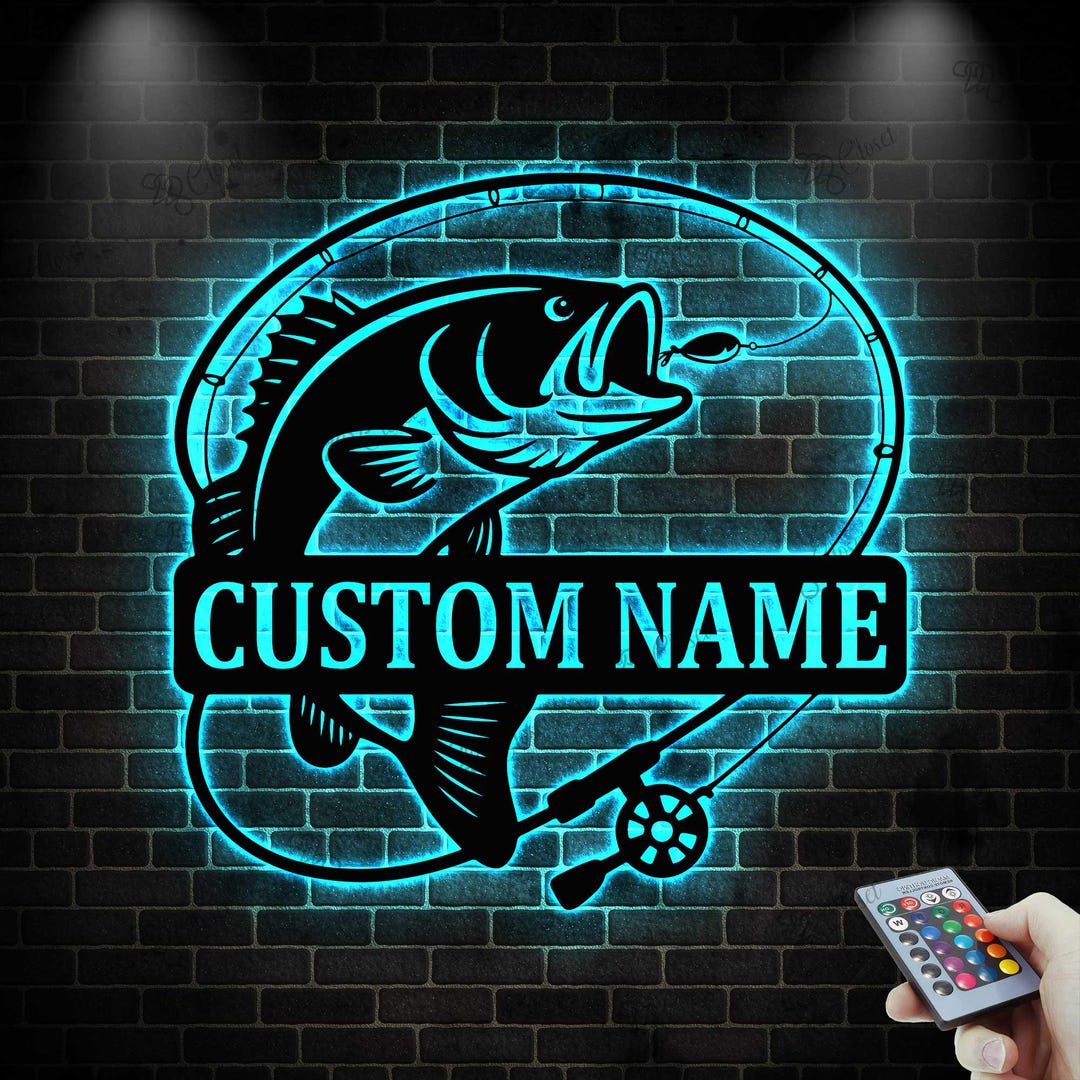 Personalized Fishing Metal Sign LED Light, Bass Fishing Sign, Fishing ...