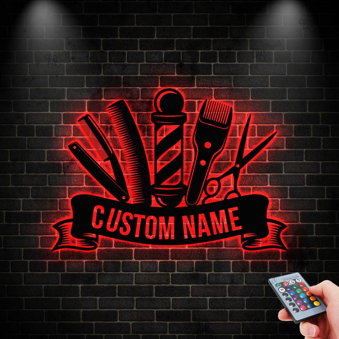 Custom Barber Shop Metal Wall Art With LED Light, Barber Shop Wall ...