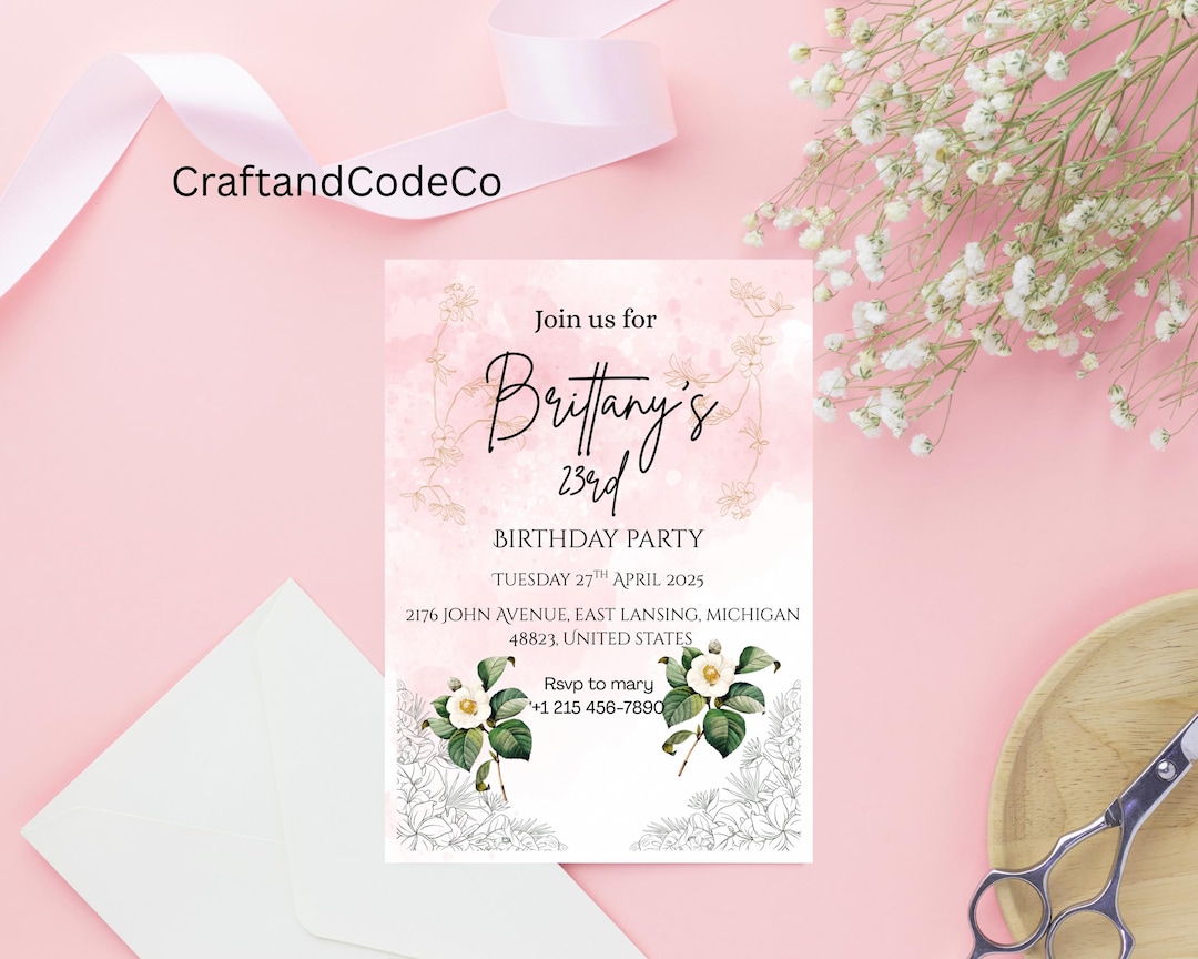 Pink and Flowery Girls Birthday Party Invitation — Digital Download - Etsy
