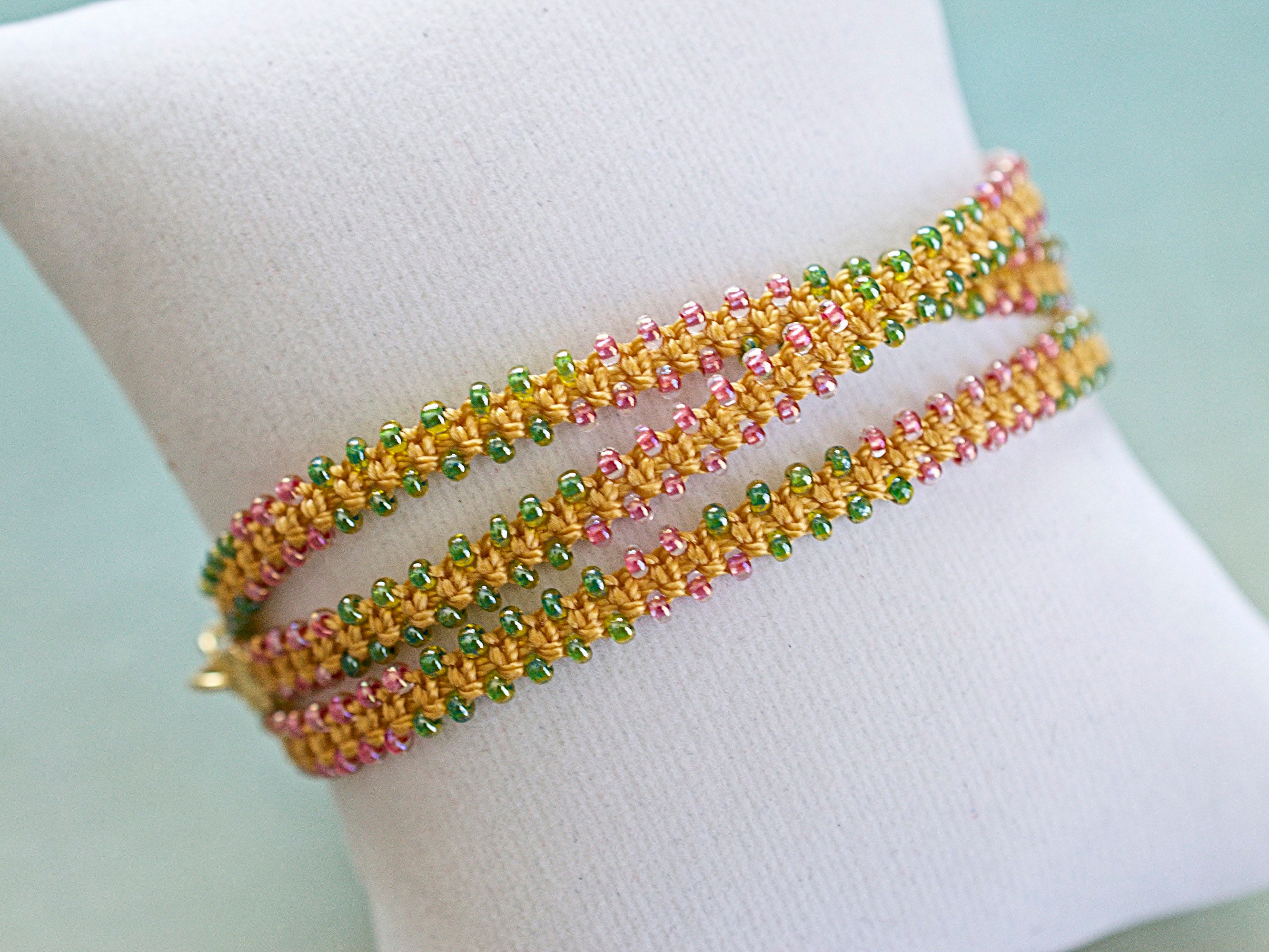 3 Wraps Beaded Macrame Bracelet, Gold Macrame With Green and Pink ...