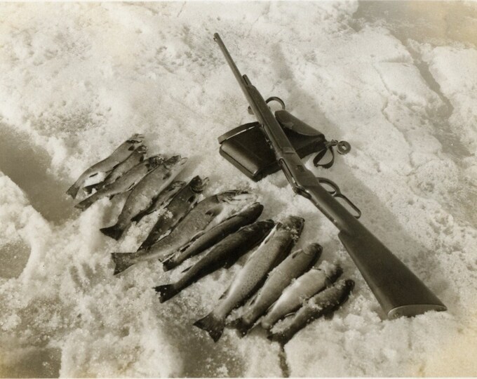 Antique 1934 Photo - "catching and Shooting" - Ice Fishing, Weapon Gun ...