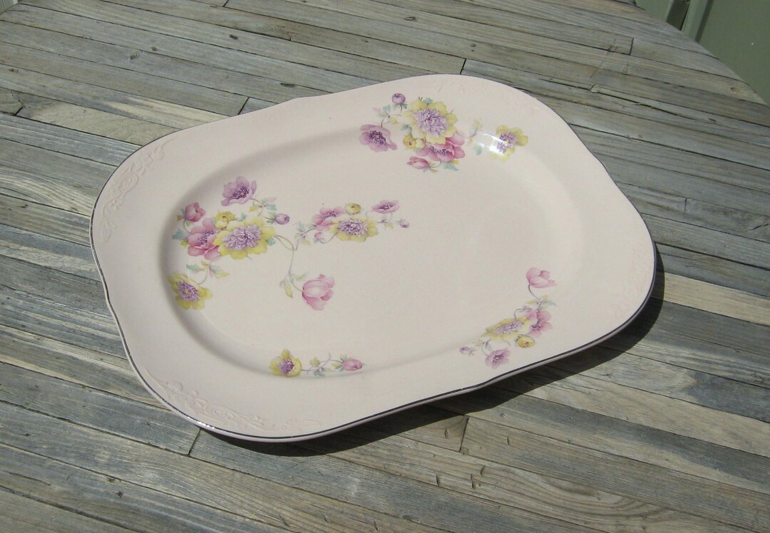 Vintage Peachy-pink Platter With Floral Transfer Designs, Romantic ...