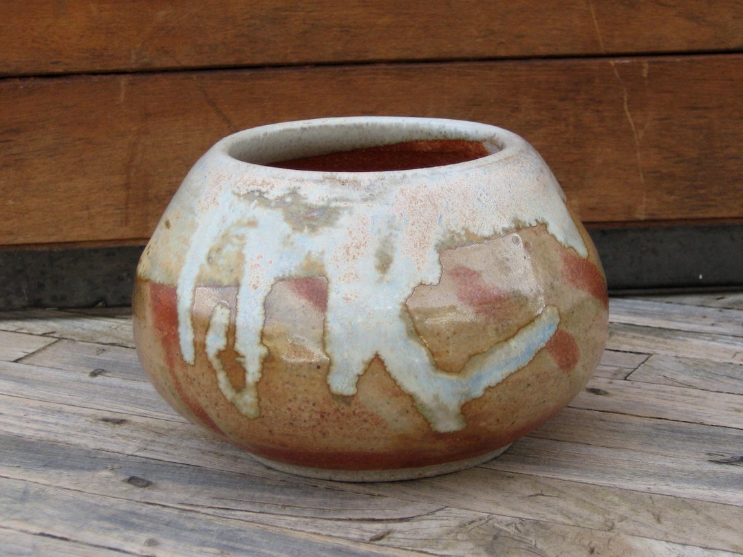 Vintage Rustic Pottery Vase, Drip Glaze Tan, Rust and Ochre Heavy ...