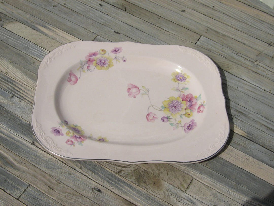 Vintage Peachy-pink Platter With Floral Transfer Designs, Romantic ...