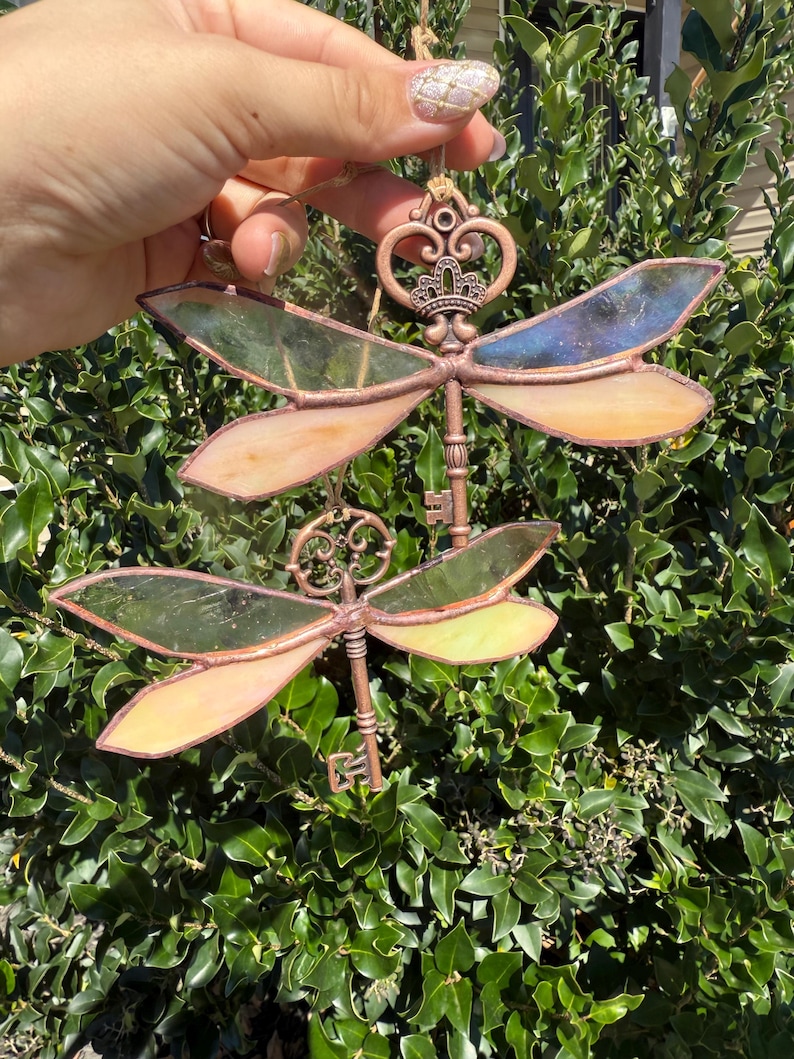 Dragonfly Skeleton Key Trinket | Stained Glass Suncatcher | Cottage ...