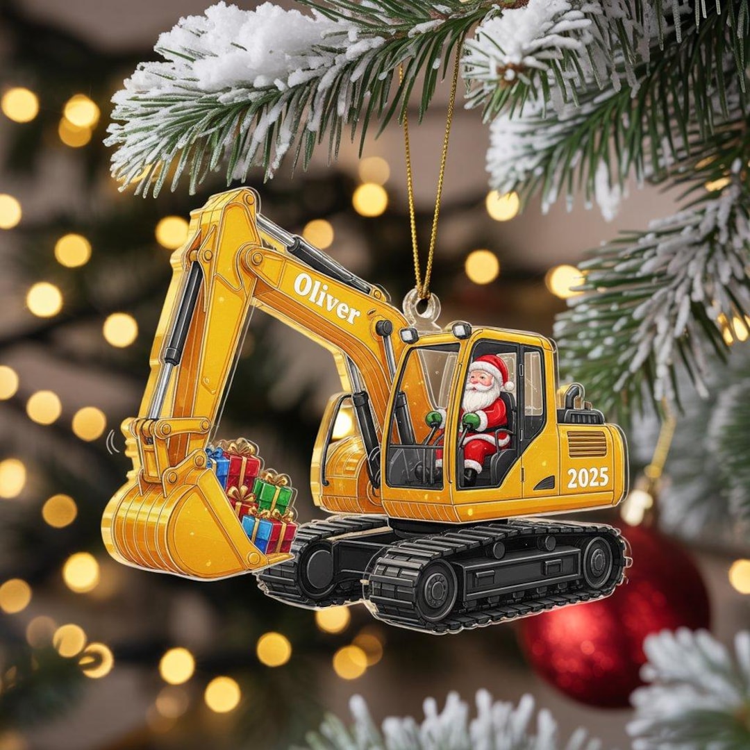 Personalized Name Santa on the Excavator Ornament, Custom Excavator ...