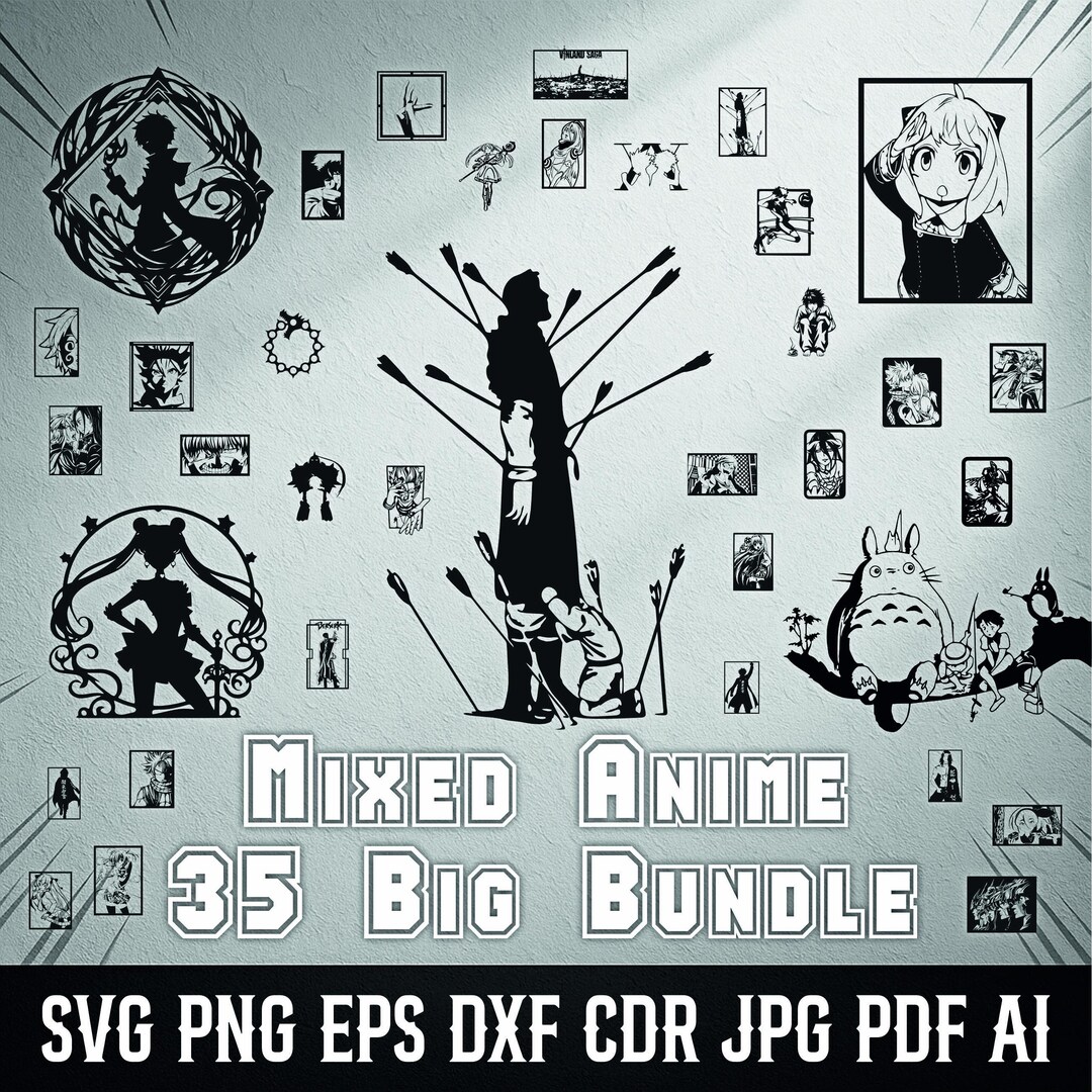 Anime Mega Cut Bundle - Black and White Sketch - Laser, Cnc, Cricut ...