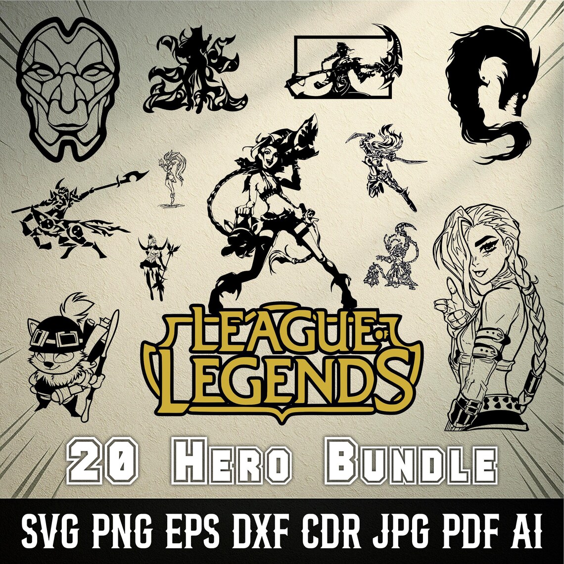 League of Legends Characters SVG Bundle - Black and White Line Art ...