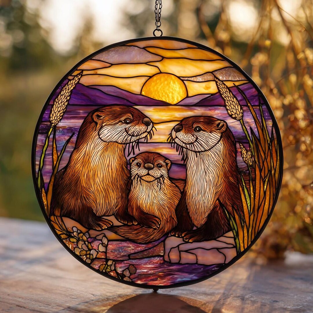 Otter Family Glass Suncatcher, Sunset River Scene Window Hanging, Otter ...