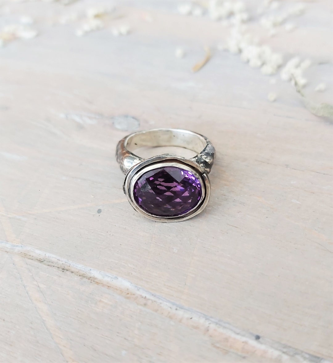 Unique Design Amethyst Ring, Organic Textured Silver Jewelry ...