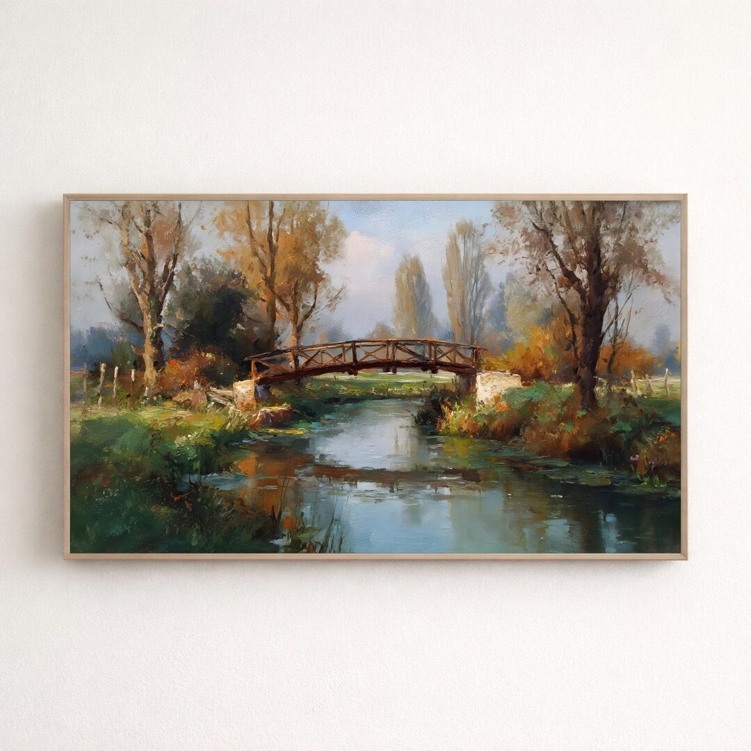 Autumn River Bridge Landscape Art, Rustic Fall Wall Decor (digital ...